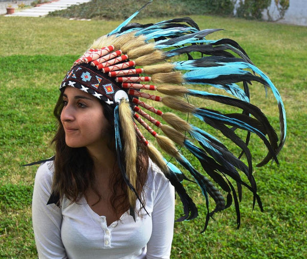 S37-Indian Light Blue / Turquoise and dark Feather Headdress / Warbonn ...