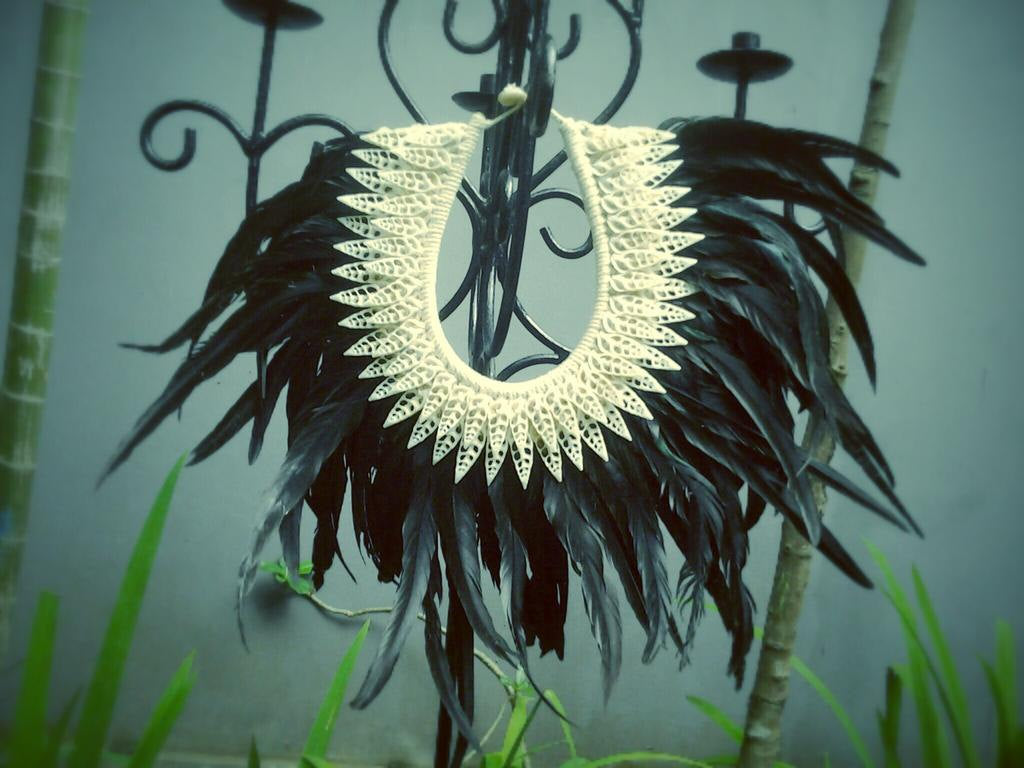Papua Native Warrior necklace with Black Feathers and white shells ...