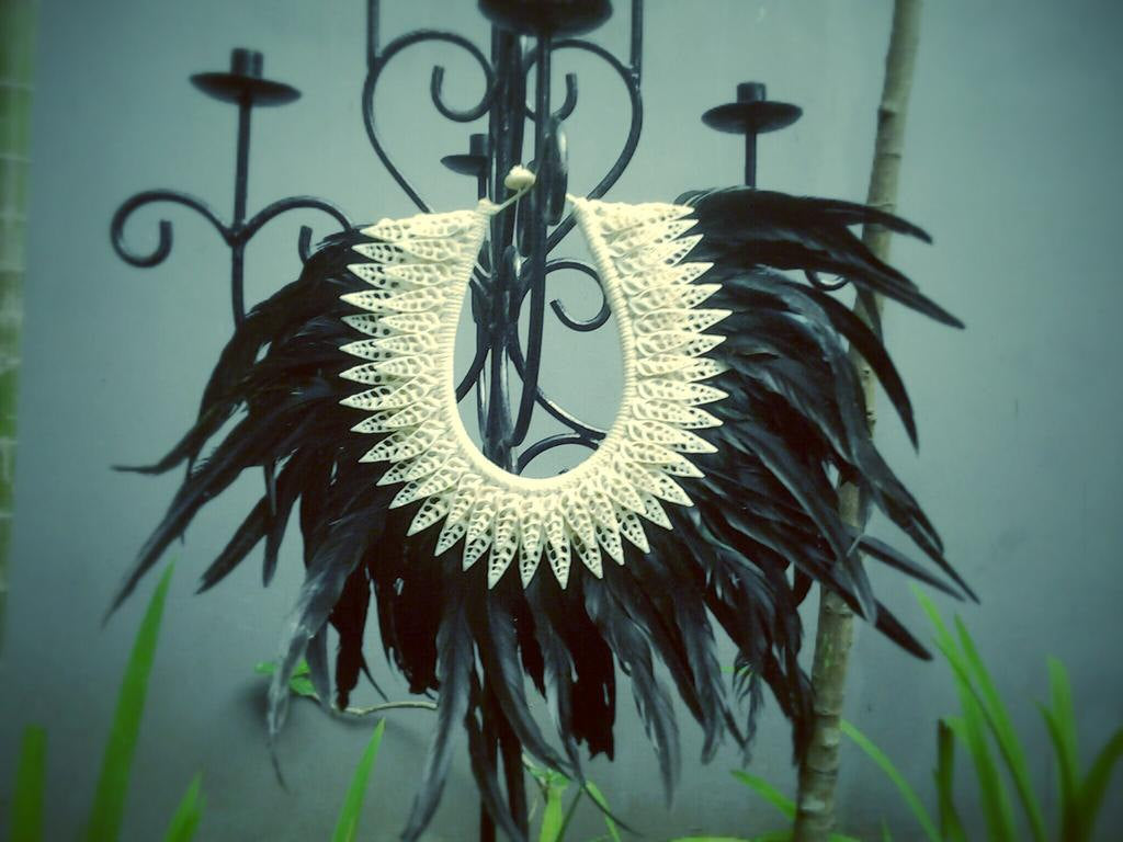 Papua Native Warrior necklace with Black Feathers and white shells ...