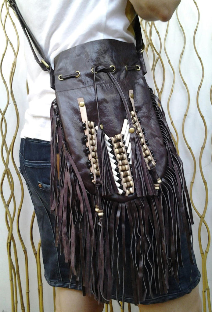 N46P- Dark Brown Indian leather Handbag, Native American Style bag. Cr ...