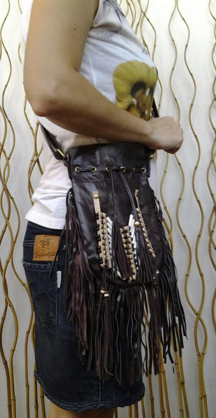 N46P- Dark Brown Indian leather Handbag, Native American Style bag. Cr ...