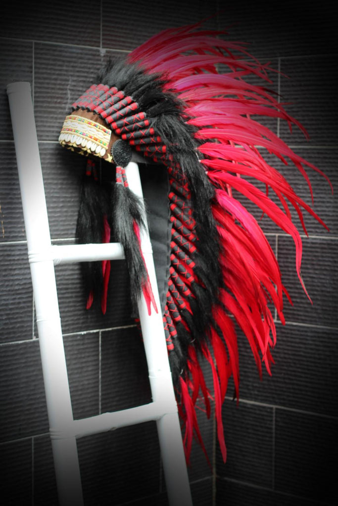 Y09 Medium Red Indian Feather Headdress / Native American Style Warbon ...